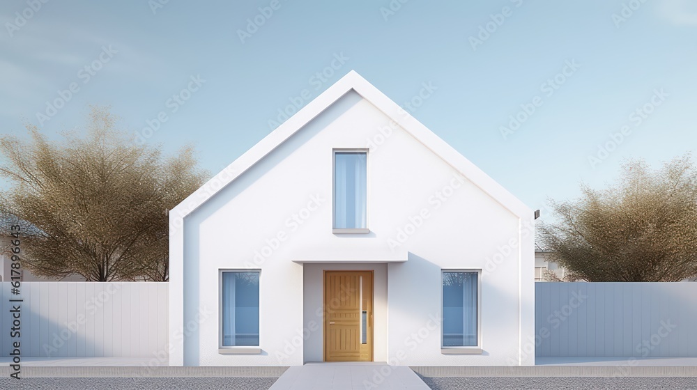 Minimal style white house exterior.Gable roof,glass window and wooden door with blue sky.3d ...