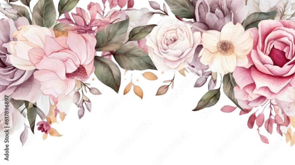 Border of watercolor flower floral natural elements on transparent ...