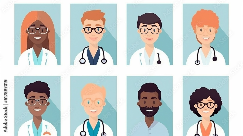 Set of flat illustration avatars of male and female doctors and medical ...