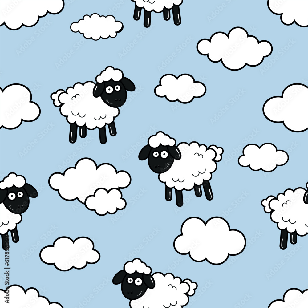Cute vector sheep seamless pattern. Cute cartoon sheep and clouds ...