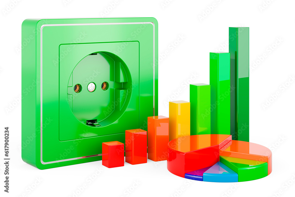 Electrical outlet, socket with growth bar graph and pie chart. 3D ...