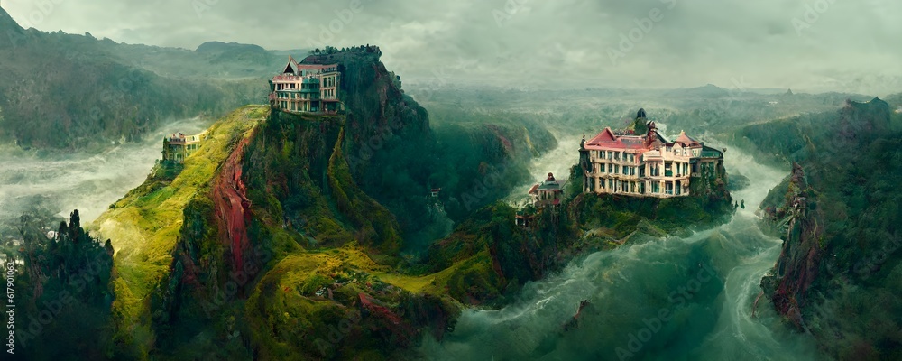 high aerial view of a damaged 2 story Victorian style asylum on cliffs ...