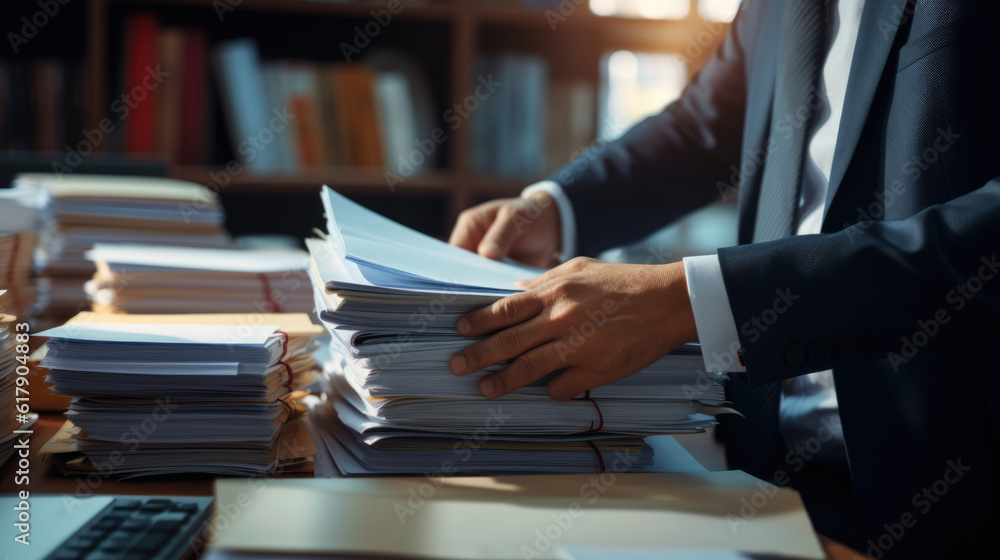 Businessman hands working in Stacks of paper files for searching ...