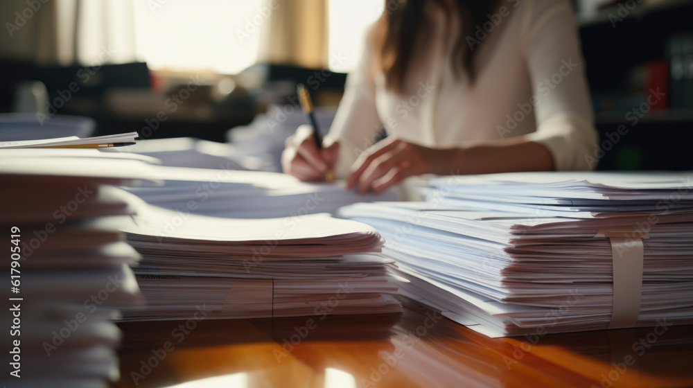 Businesswoman hands working in Stacks of paper files for searching ...