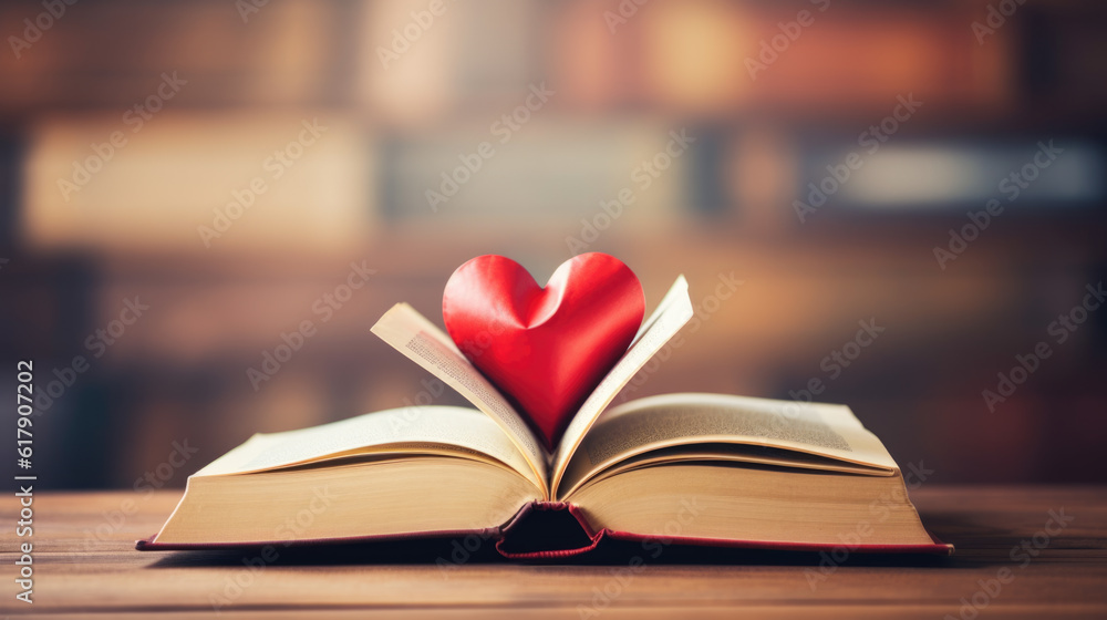 Red paper heart on open book on blurred library background.Created with ...