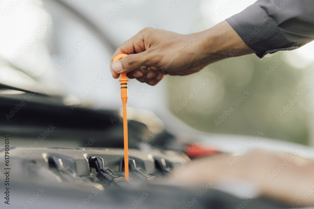 A car mechanic checks and maintains the engine for the customer. The ...