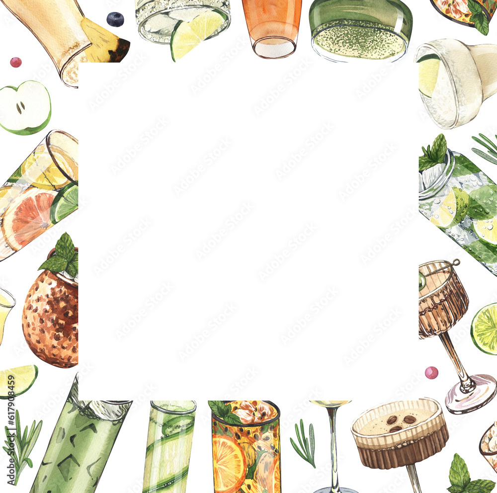 Watercolor frame, cocktail glasses: martini, gin,margarita,mojito ...