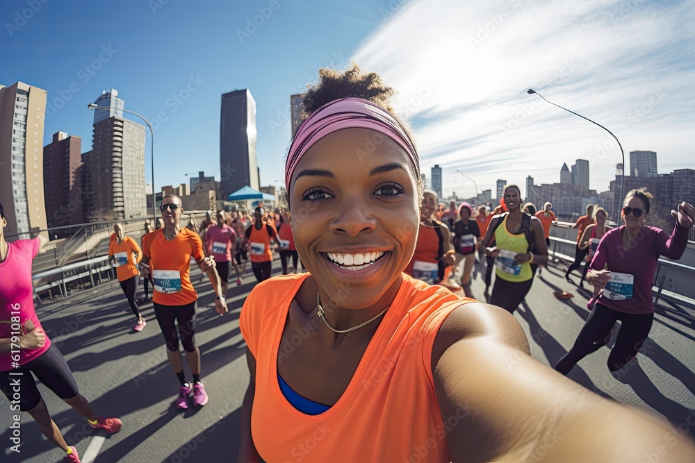 black female marathon runner is taking a selfie while running through a ...