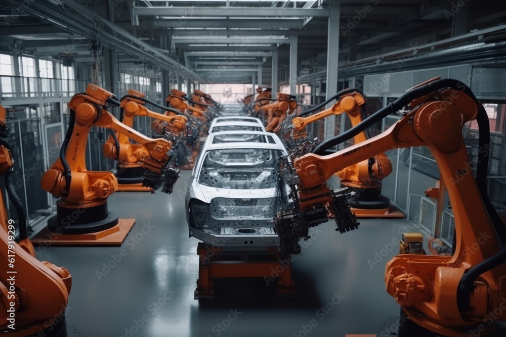 Robotic conveyor line for car assembly. Modern workshop with automated equipment. Mechanical ...