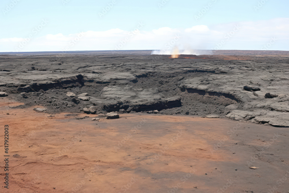 A depiction of a volcanic landscape with steaming vents, rugged terrain ...