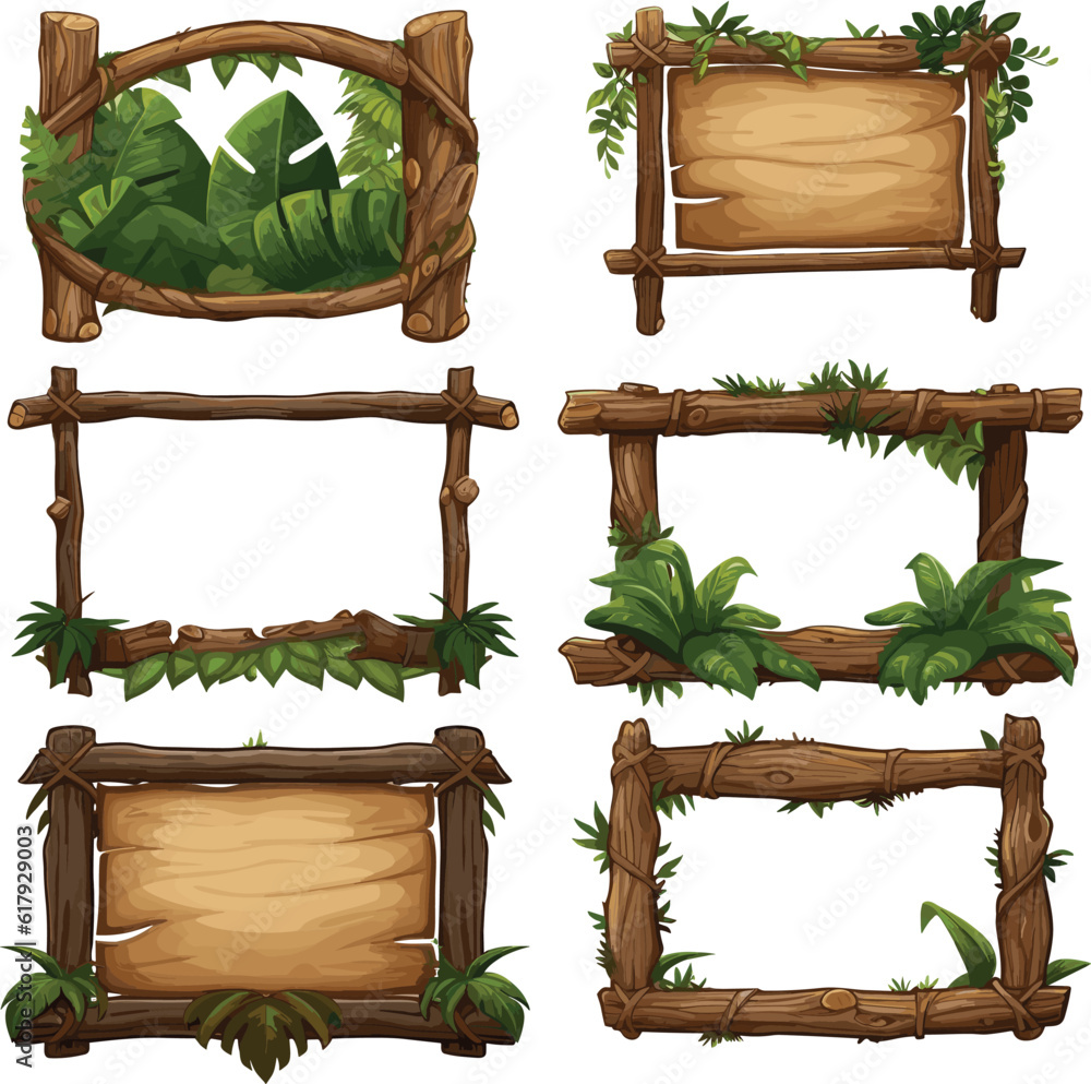 Set of wooden signboard bamboo frame parchment decorated with leaves ...