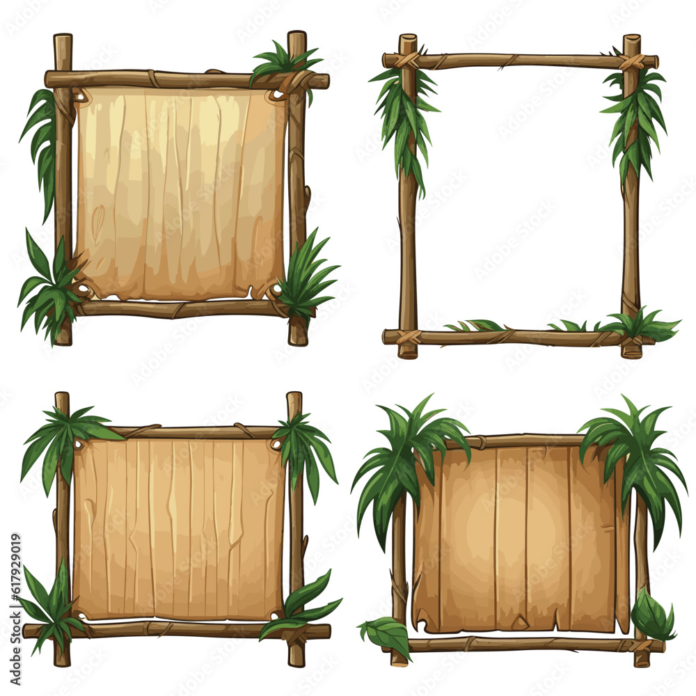 Set of wooden signboard bamboo frame parchment decorated with leaves ...