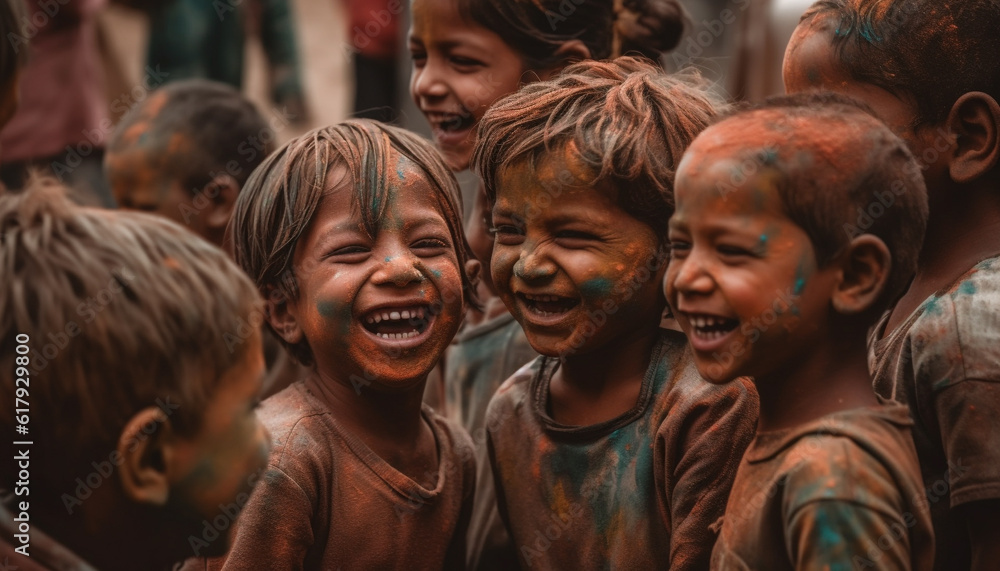 Children playing outdoors in wet traditional festival, enjoying ...