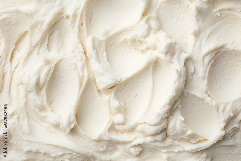 Texture of white ice cream background, close-up. Whipped mascarpone ...