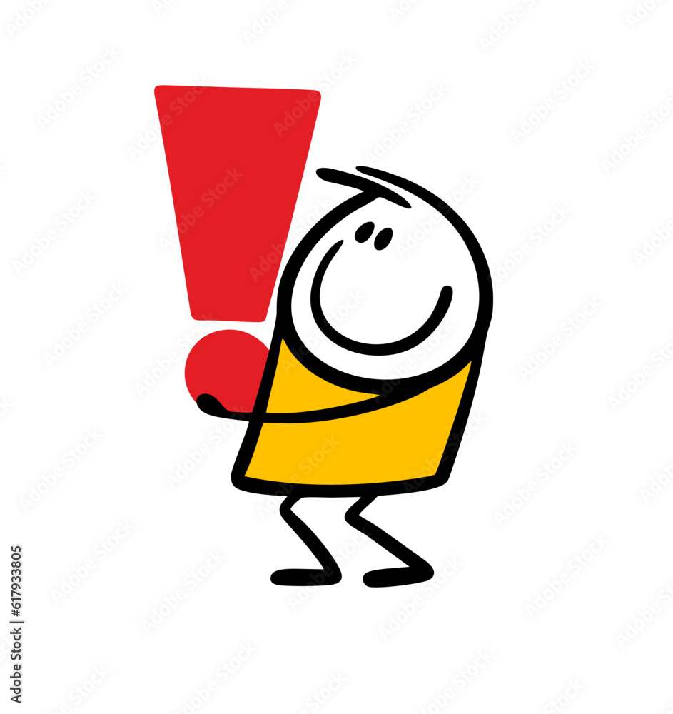 Positive guy holds a big red exclamation mark in his hands. Vector ...