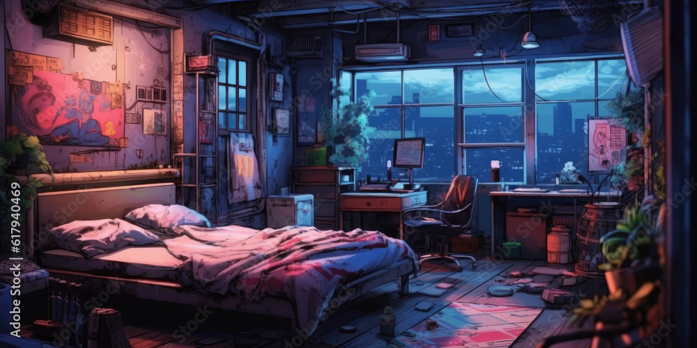 bedroom during night anime style background Stock Illustration | Adobe ...