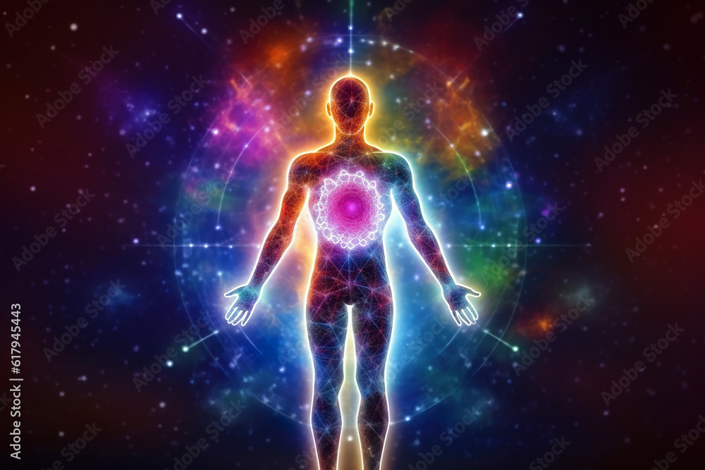 Silhouette of man with chakras and light of astral space energy Stock ...