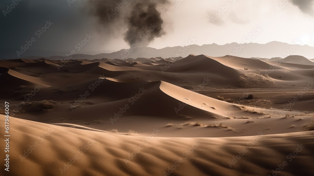 Desert with an approaching sandstorm. Forces of nature and natural ...