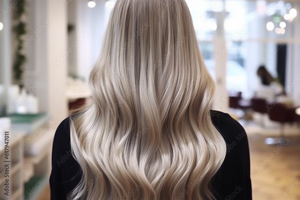 young woman with perfect blond hair in wavy styling in beauty salon ...