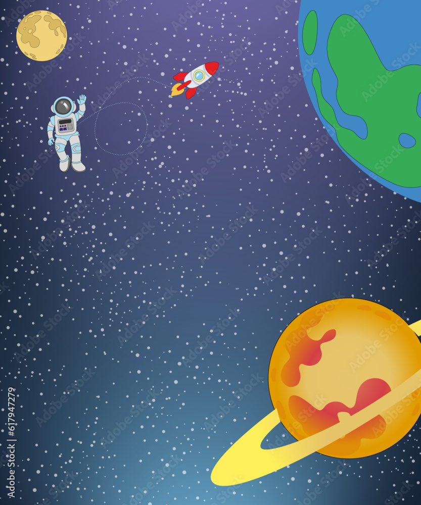 Hand-drawn colorful space background with planets and astronaut. Vector ...