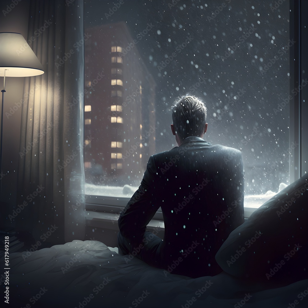business man sitting on hotel bed watching tv lights glowing black ...