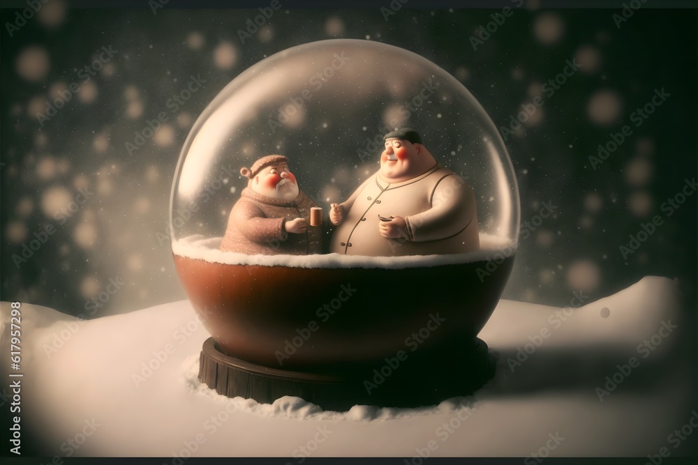 two fat men Fernando Botero style in a snow globe they are sitting in a ...