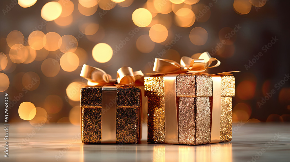 Festive background, two sparkling gold gift boxes, with gold gradient ...