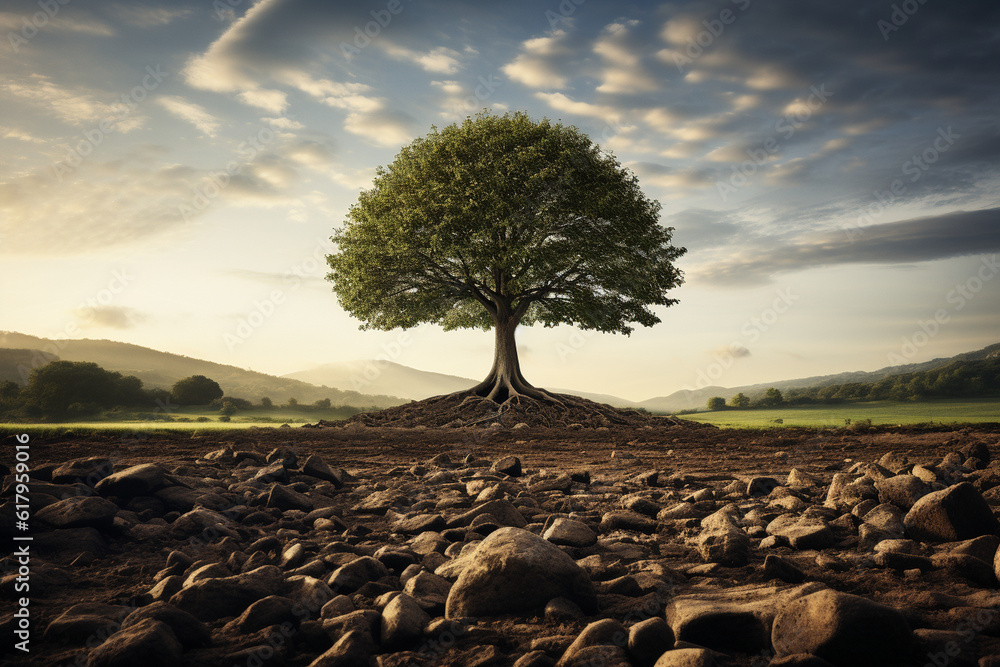a tree with deep roots firmly planted in the ground, reaching upward ...