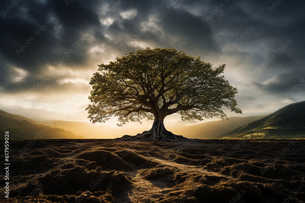 a tree with deep roots firmly planted in the ground, reaching upward ...