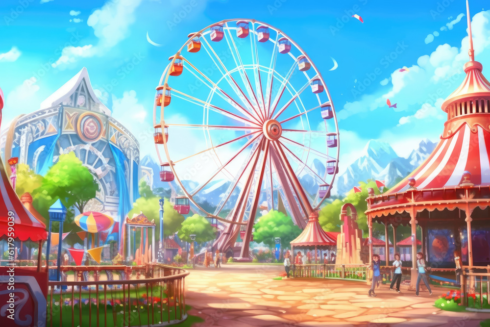 Theme park amusement park animation background with Ferris wheel anime ...