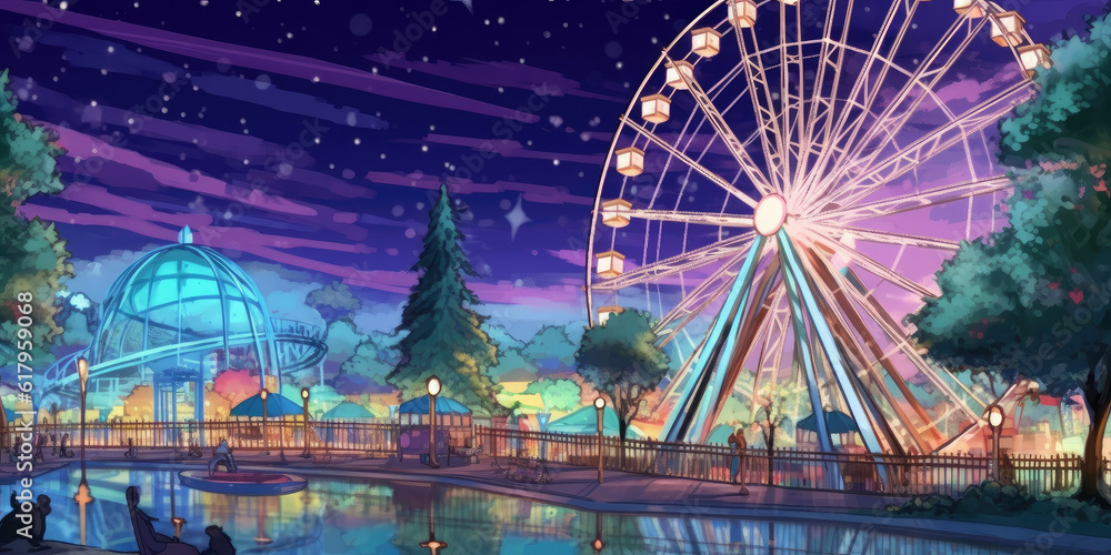Theme park amusement park animation background with Ferris wheel anime ...
