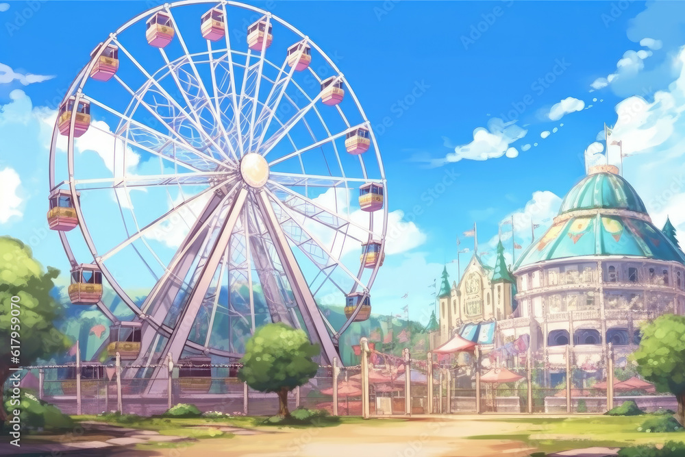 Theme park amusement park animation background with Ferris wheel anime ...