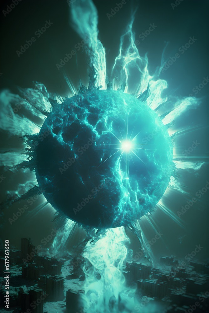 an ultra bright miniature sun with greenish blue color floating in the ...