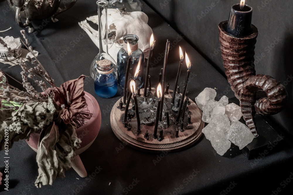 Witch's ceremony with ritual magic items. Magic symbols and tools ...