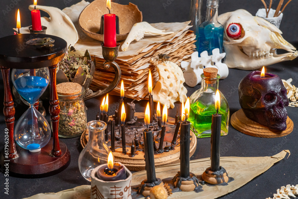 Occult and esoteric witchcraft still life. Halloween background with ...