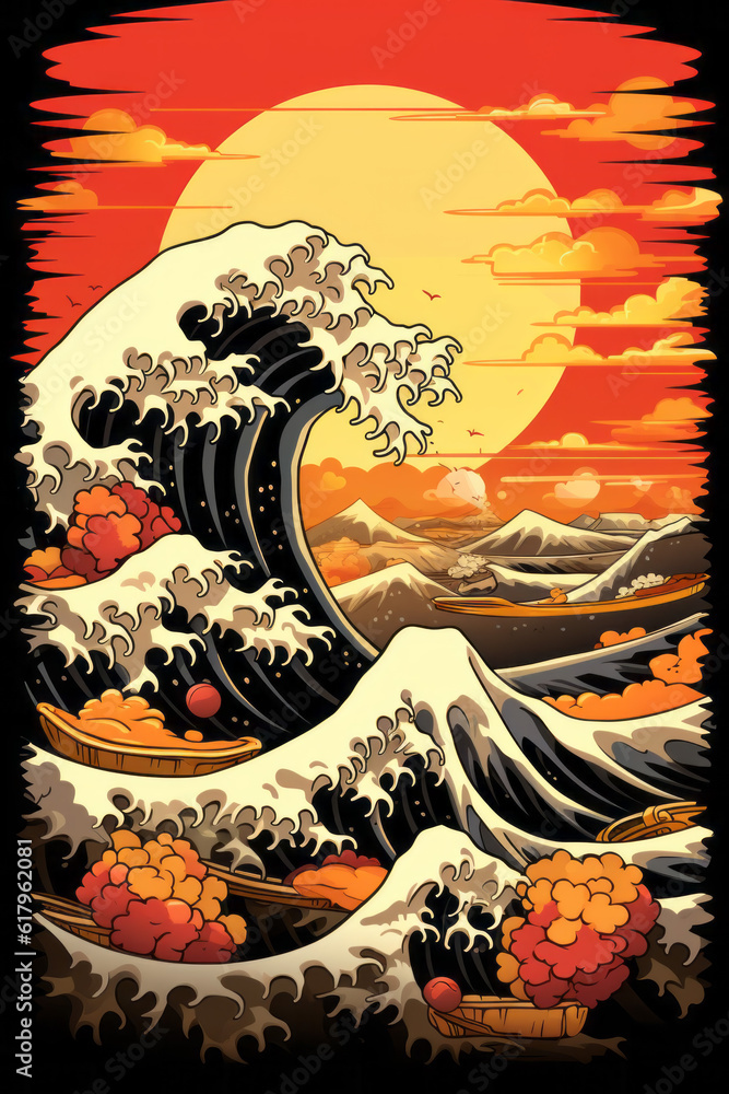 Traditional Japanese block style illustration of waves, clouds and ...