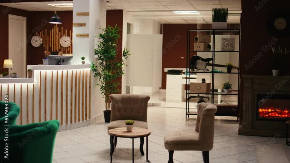 Wide angle shot of travel accommodation hotel lounge with check in ...