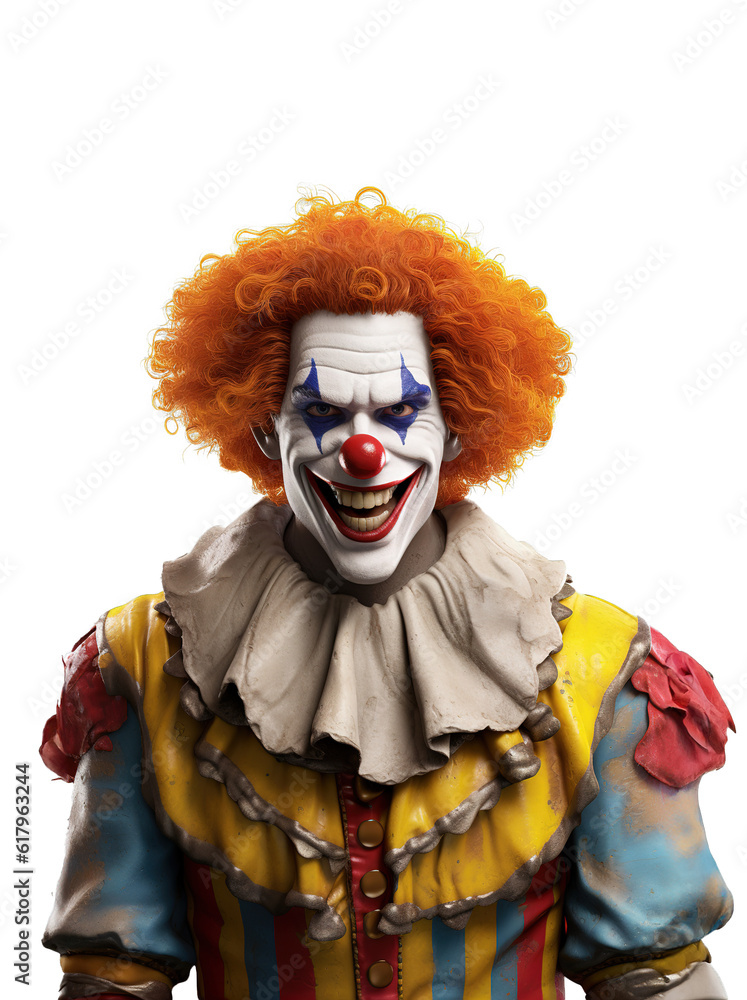 Scary clown portrait looking at camera over transparent background ...