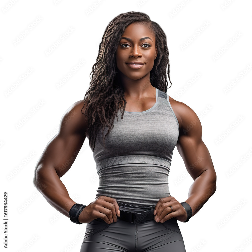 Empowered African American body builder woman. Portrait over isolate ...