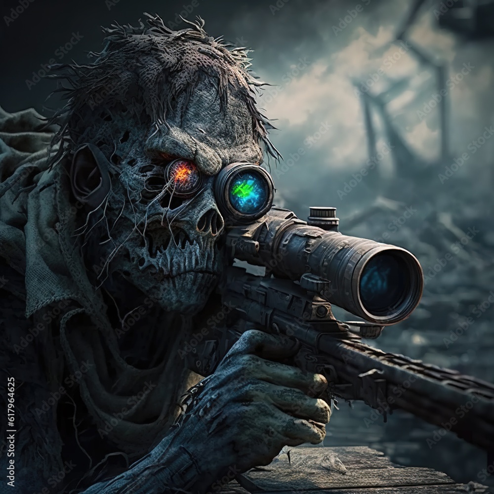 evil zombie shooter hugh sniper gun evil looking, generative ai Stock ...