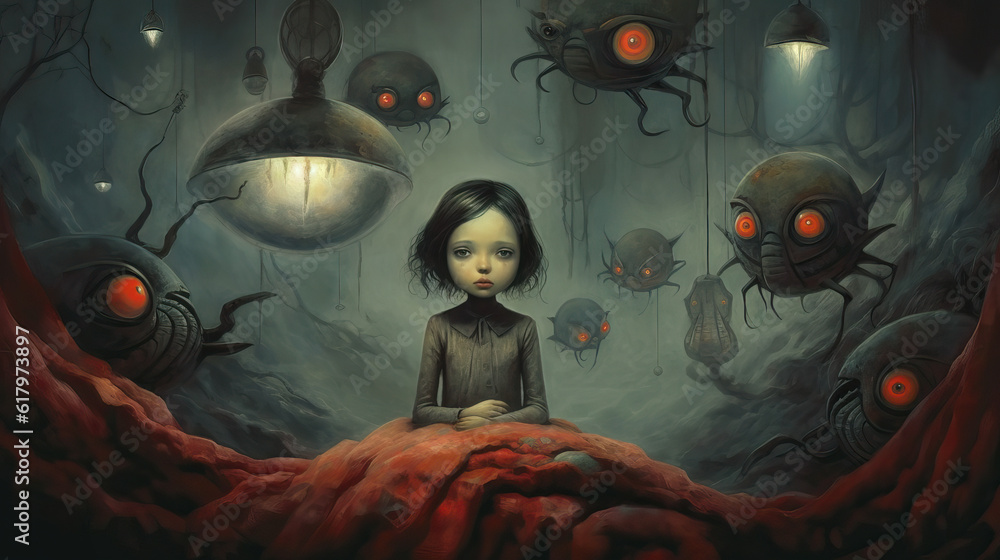 Scary dark future, Corona virus breed with heat lamp, illustration with ...