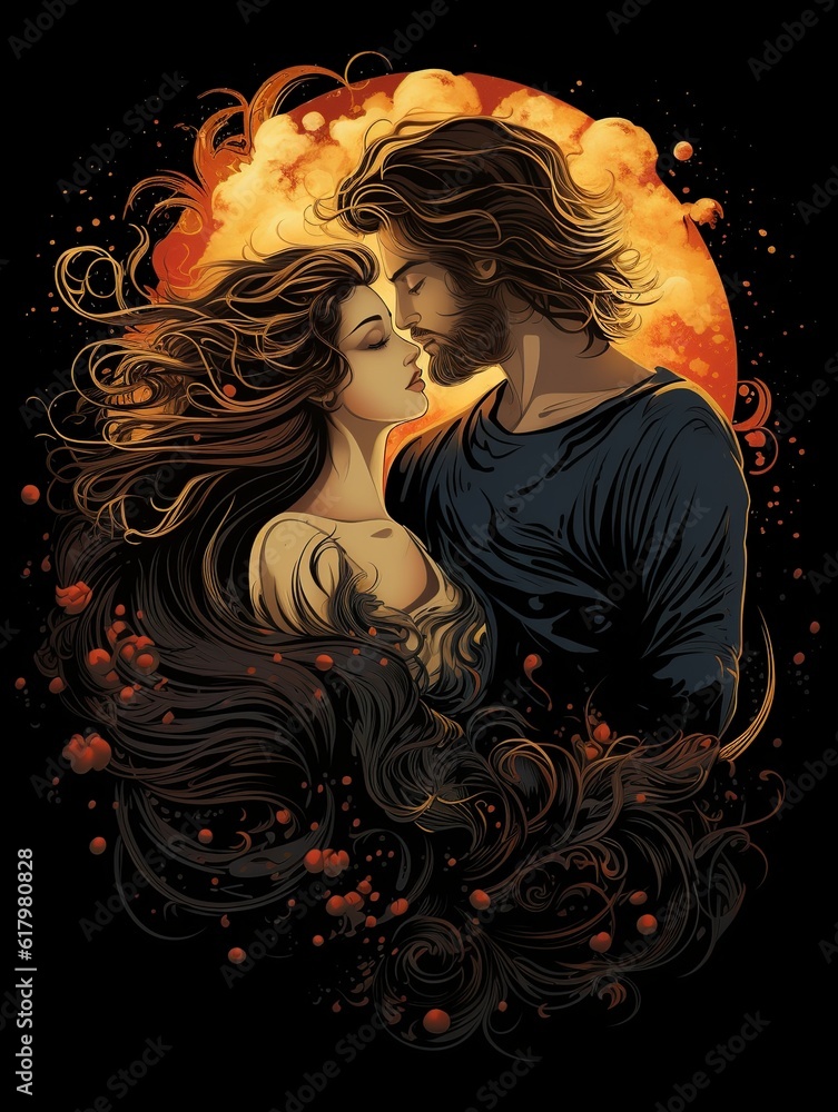 Beautiful tantric couple hug with romantic style black background ...