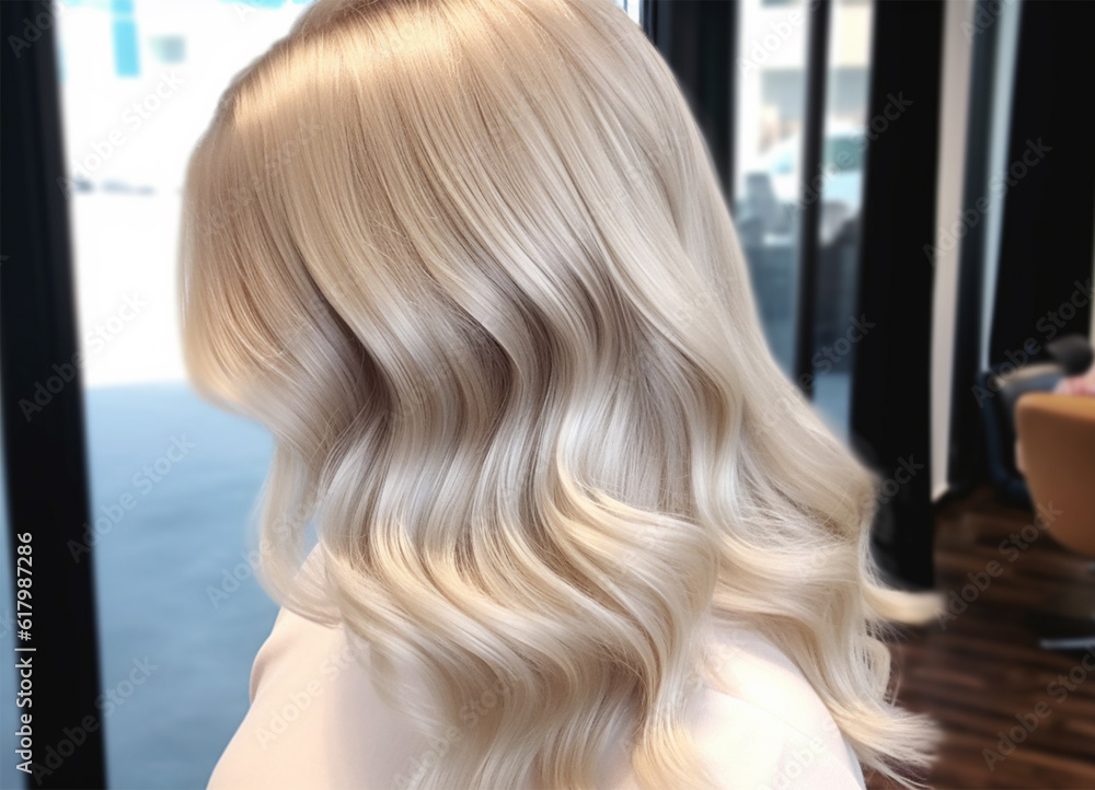 young woman with perfect blond hair in wavy styling in beauty salon ...