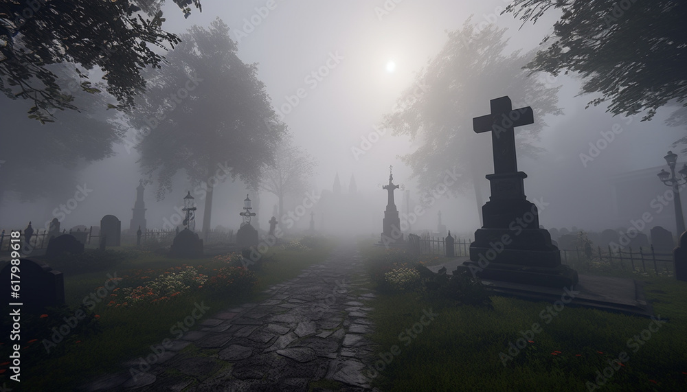Silent cemetery, cross shaped tombstones, spooky fog, symbol of death ...