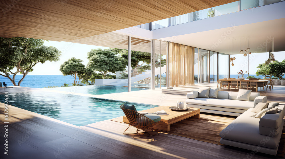 3D render, Modern Interior and pool villa Concept: Embracing the ...