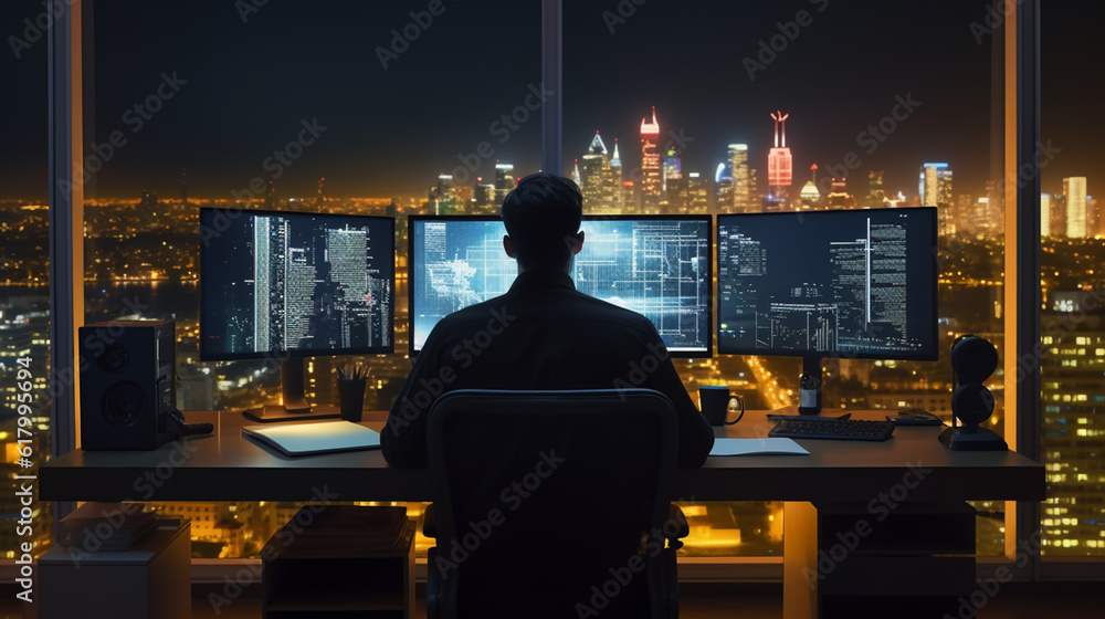 Software developer works writing code and analyzing data, using ...