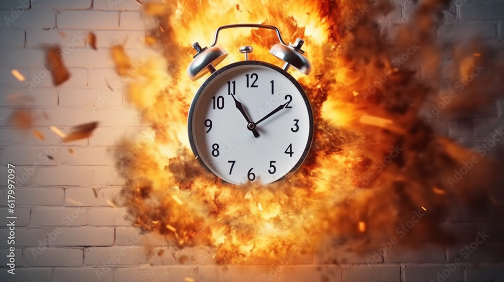 爆発し燃え上がる時計 clock exploded on fire. Created by generative AI Stock ...