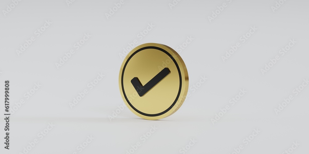 3D rendering of a golden check mark isolated in white studio background ...