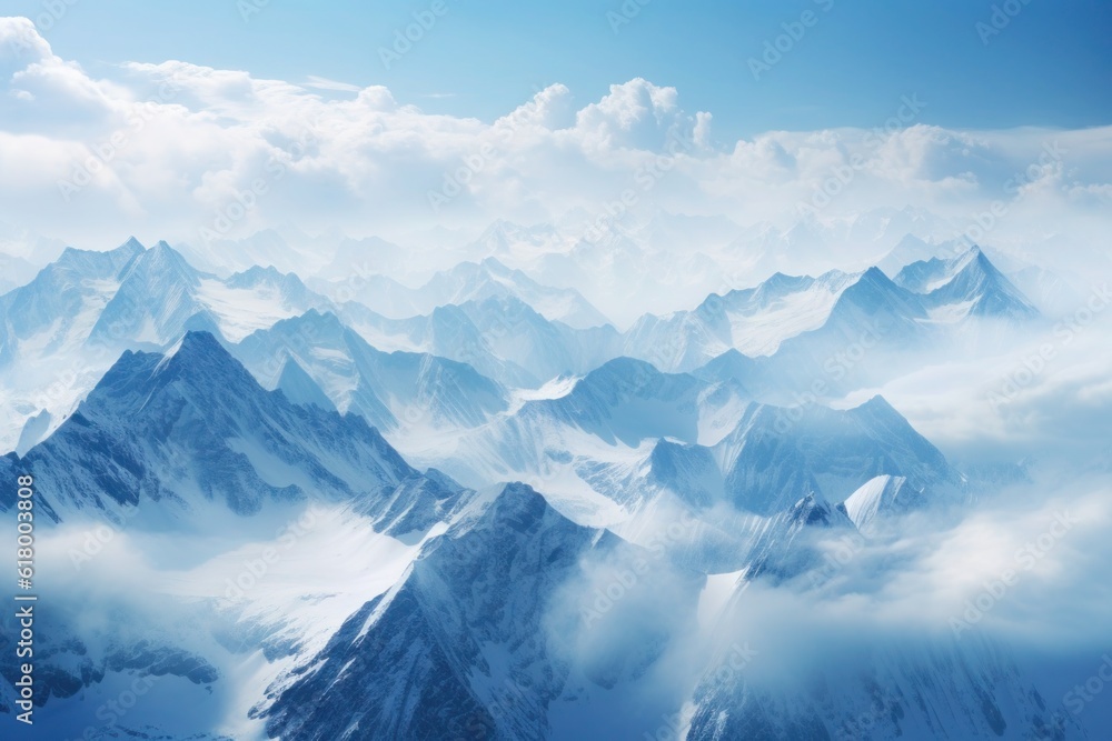 A majestic aerial view reveals rugged snow-capped mountains with dense clouds drifting below the ...