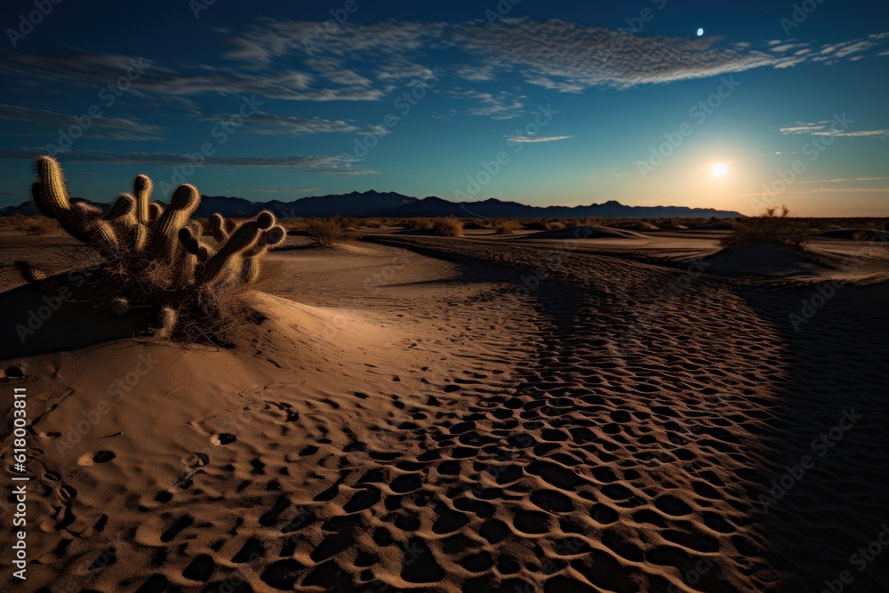 Moonlit Desert: A desolate desert under a full moon, cacti casting long ...